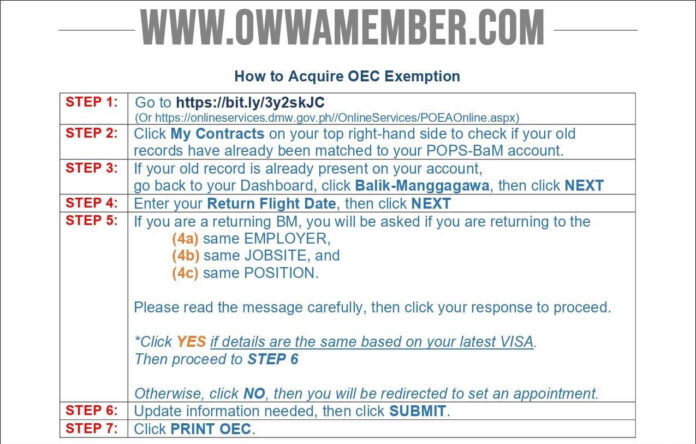 How to Apply BM Online OEC Exemption for Returning OFWs | OWWA Member