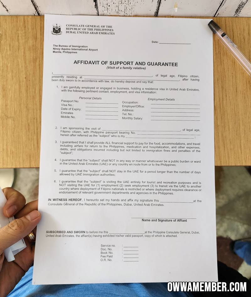 Affidavit Of Support And Guarantee ASG In PH Consulate Dubai UAE