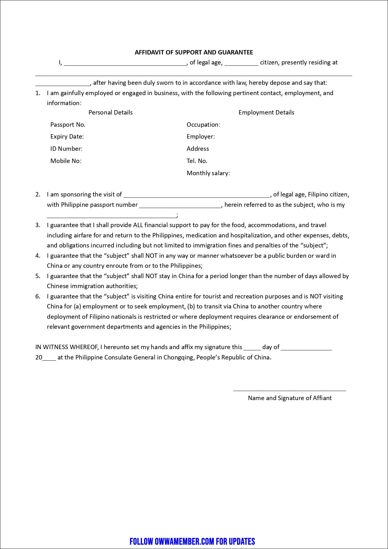 Affidavit Of Support Guarantee In PH Consulate Xiamen China OWWA